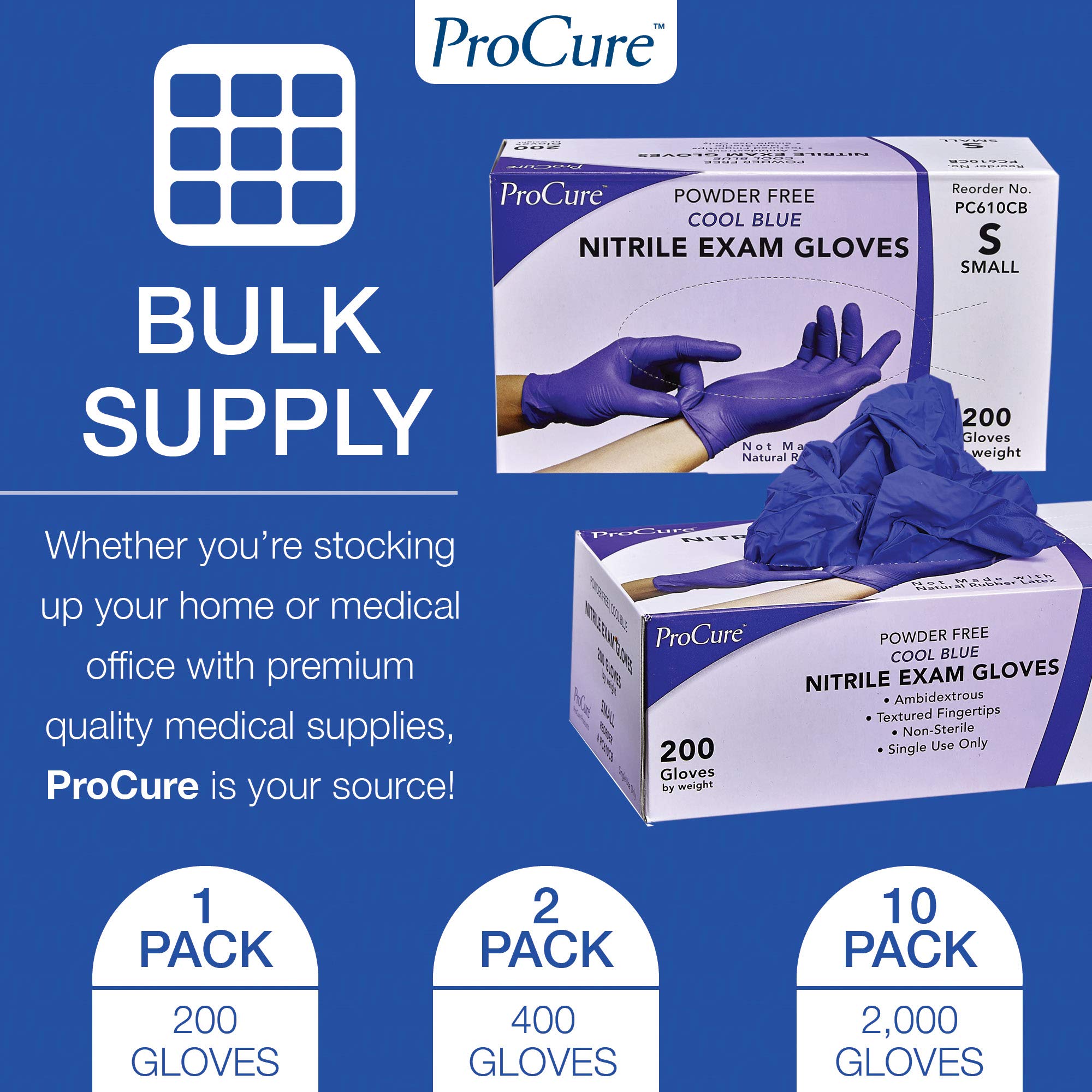 ProCure [200 Count Disposable Nitrile Gloves X-Small - Powder Free, Rubber Latex Free, Medical Exam Grade, Non Sterile, Ambidextrous - Soft with Textured Tips - Cool Blue