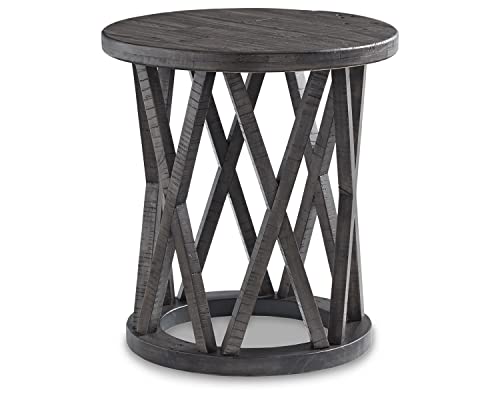 Signature Design by Ashley Sharzane Rustic Round End Table Made of Solid Pine Wood, Gray with Weathered Finish