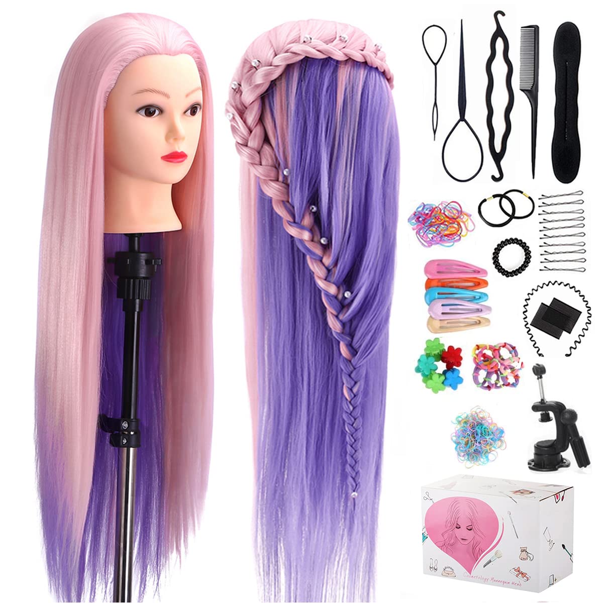 TopDirect 29" Hair Mannequin Head for Cosmetology Training - With Clamp Holder and Styling Tools