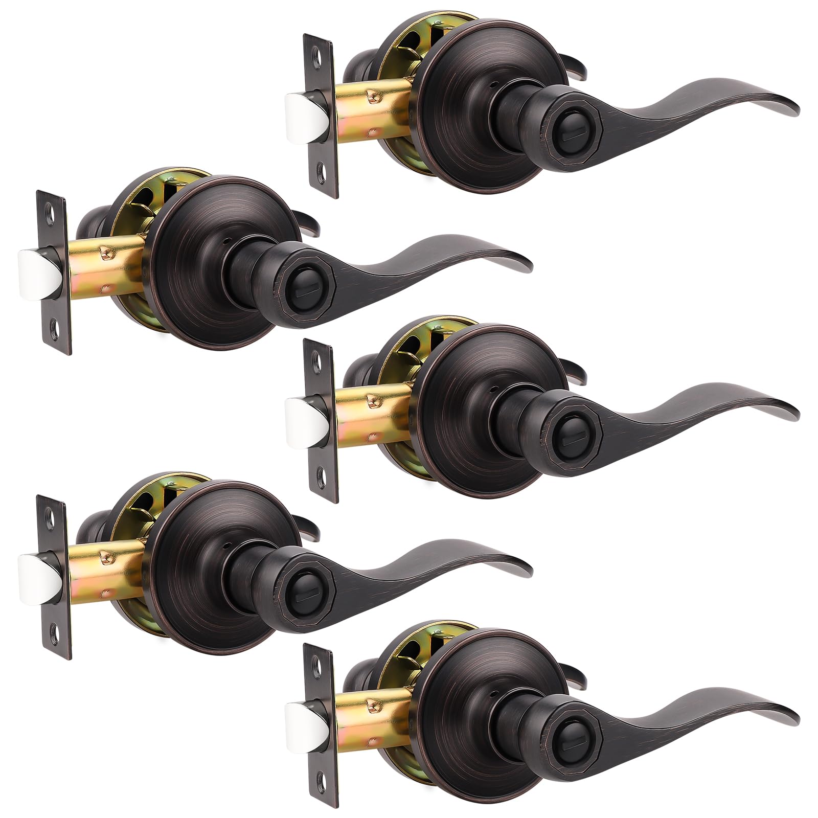 Probrico (5 Pack Privacy Door Lever[Thumb Turn Lock on The Inside],Locking Door Handle Set for Bedroom & Bathroom Doors,Keyless Oil Rubbed Bronze Wave Door Lock, Reversible Right & Left Side Handed