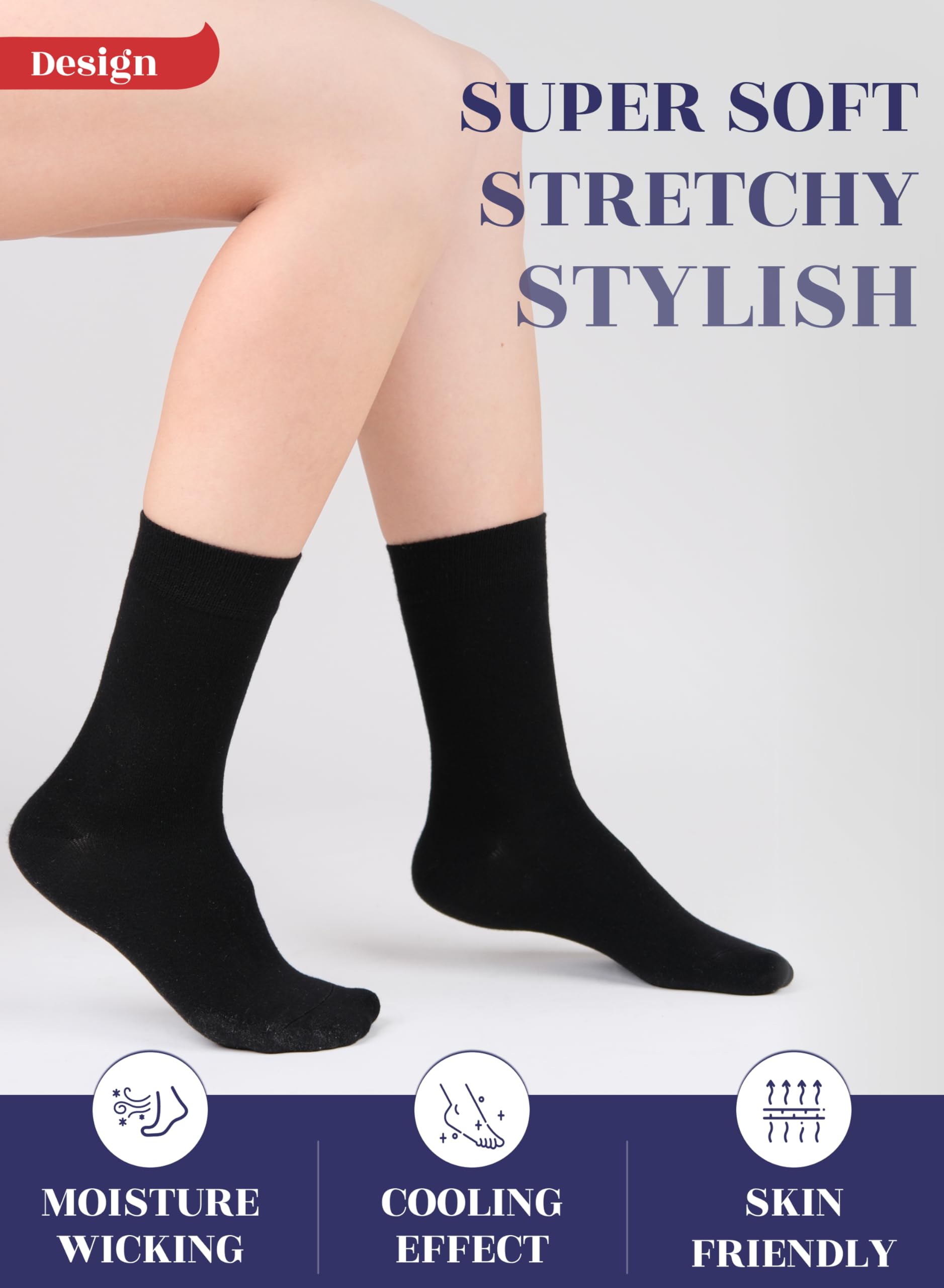 Hugh Ugoli Womens Bamboo Dress Socks, Crew Soft Thin Calf Socks for Business, Trouser & Casual, Black, 3 Pairs, Shoe Size: 9-12