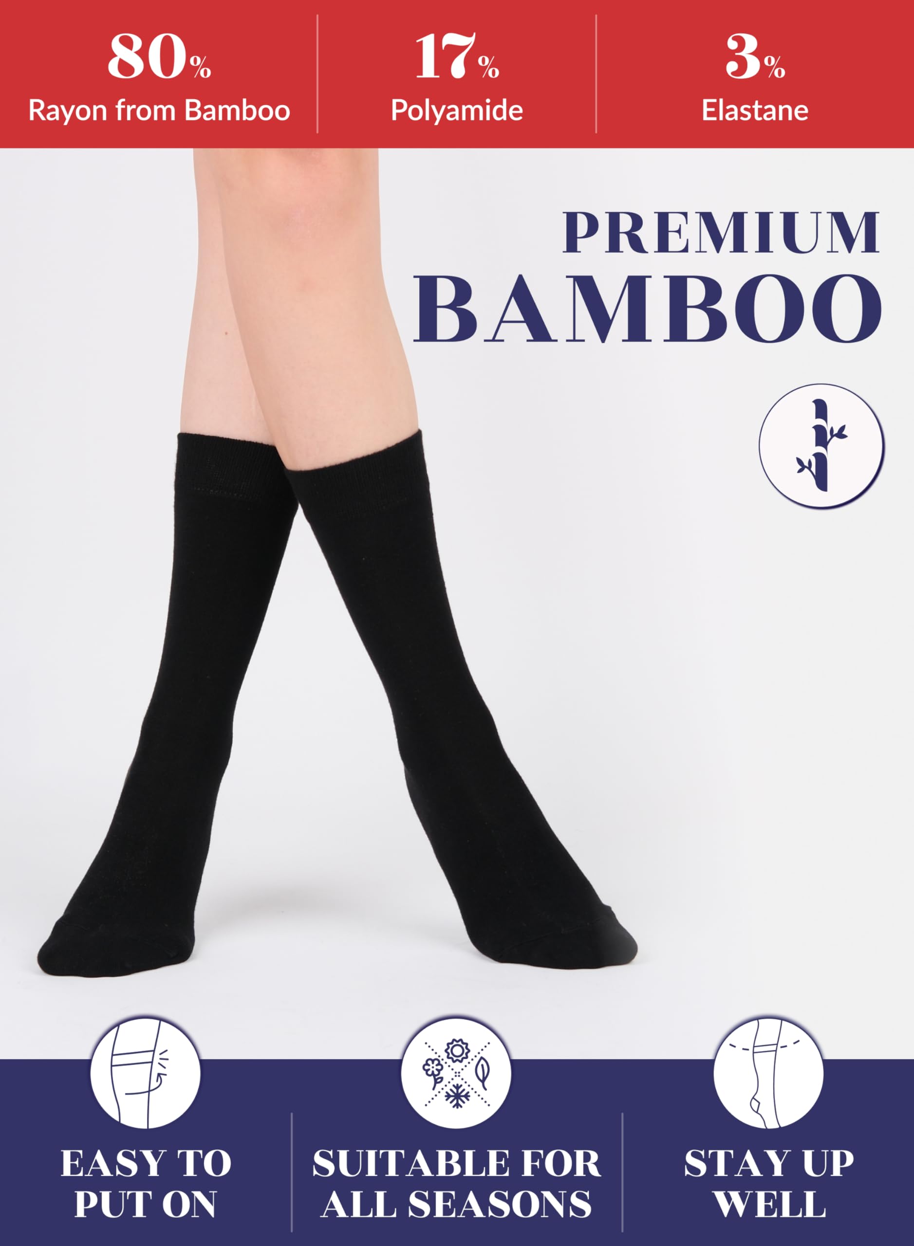 Hugh Ugoli Womens Bamboo Dress Socks, Crew Soft Thin Calf Socks for Business, Trouser & Casual, Black, 3 Pairs, Shoe Size: 9-12