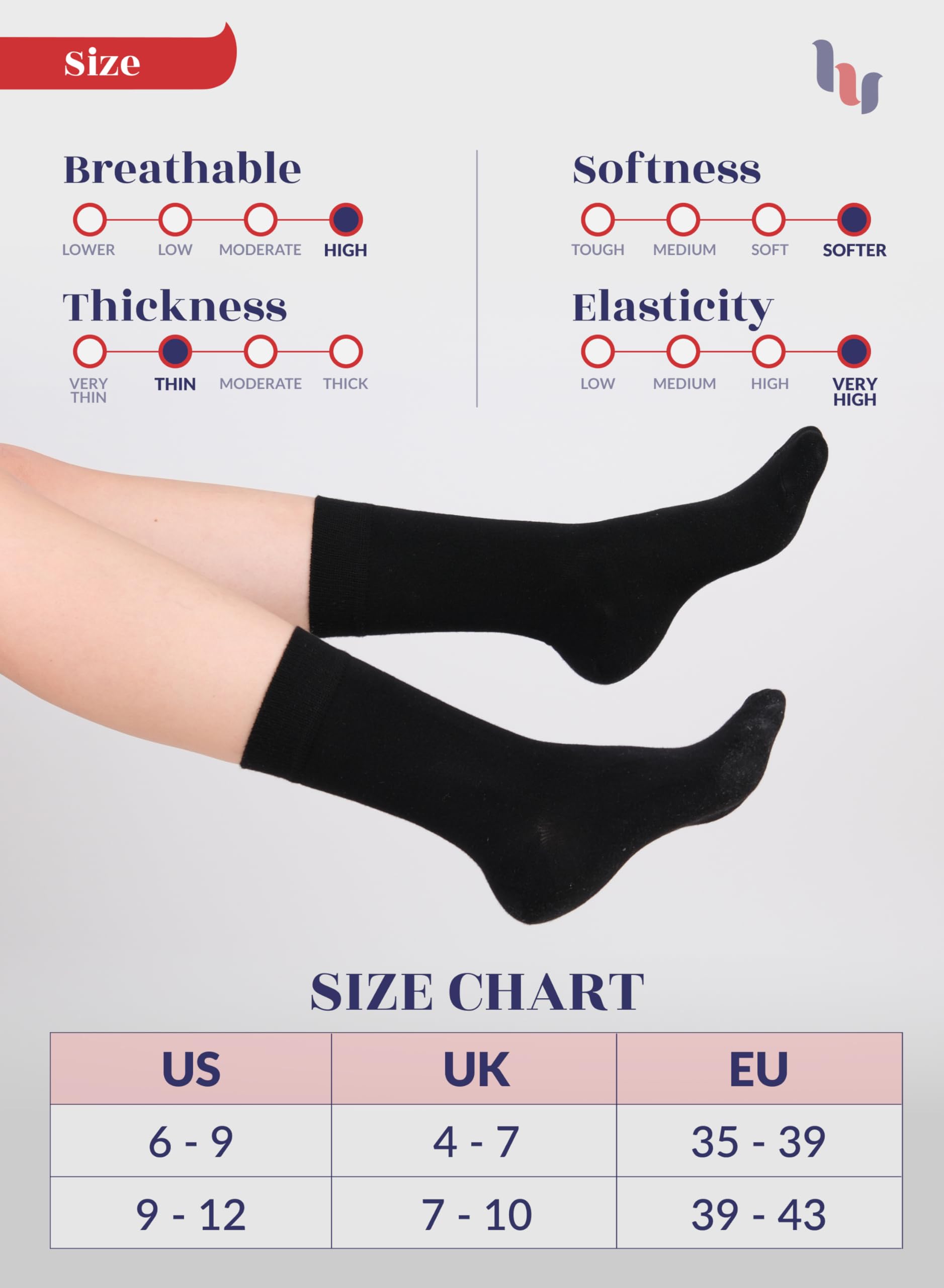 Hugh Ugoli Womens Bamboo Dress Socks, Crew Soft Thin Calf Socks for Business, Trouser & Casual, Black, 3 Pairs, Shoe Size: 9-12