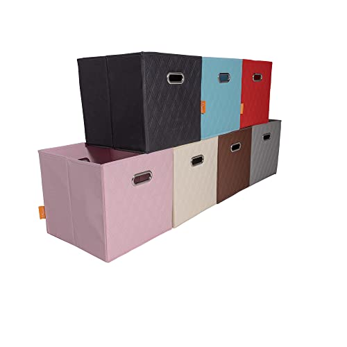 JIAessentials Large 13-inch Blue Foldable Diamond Patterned Faux Leather Storage Cube Bins Set of Four with Handles with Dual Handles for living room, bedroom and office storage