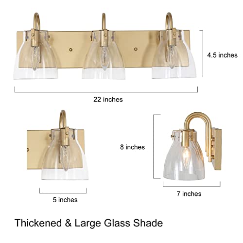 KSANA 3-Light Modern Vanity Light Fixture, Brass Bathroom Lighting with Clear Glass Shades, 22β L