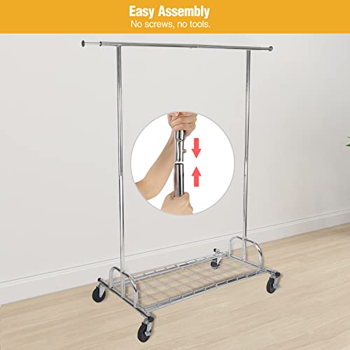 ALBOMI Adjustable Commercial Clothes Rack Heavy Duty On Lockable Wheels, Large Portable Clothing Rack For Hanging Clothes, Rolling Garment Racks With 1 Rod & Shelf For Entryway Bedroom Balcony