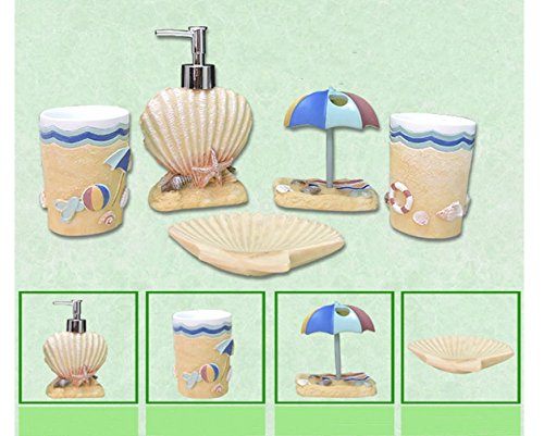 Yiyida Creative Resin Bathroom Set 5pcs in Sea Beach Style Tumbler Soap Dish Soap Dispenser Toothbrush Holder