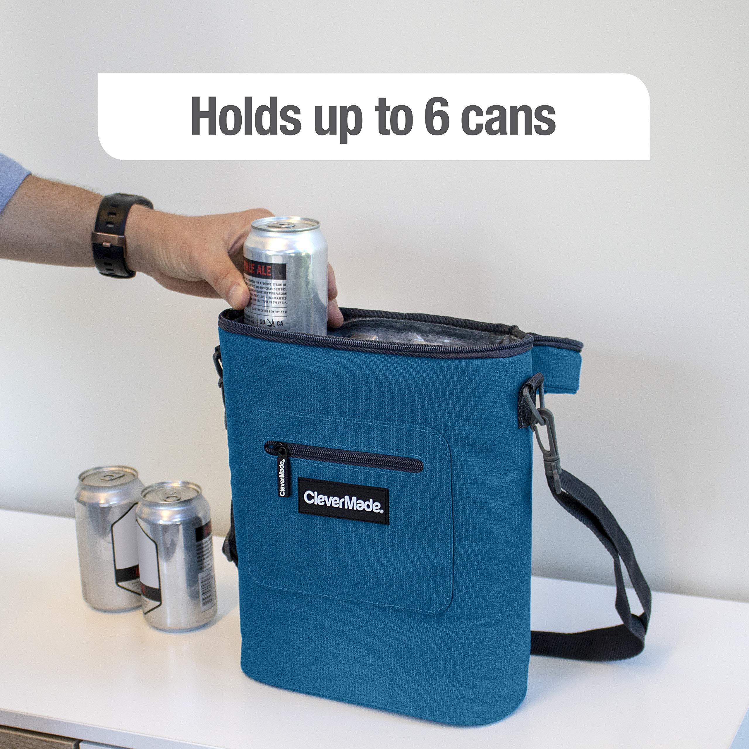CleverMade Wine Bottle and 6 Pack Cooler Bag; Insulated Leakproof Tote with Removable Ice Pack and Corkscrew Bottle Opener, Teal