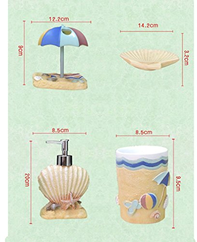 Yiyida Creative Resin Bathroom Set 5pcs in Sea Beach Style Tumbler Soap Dish Soap Dispenser Toothbrush Holder