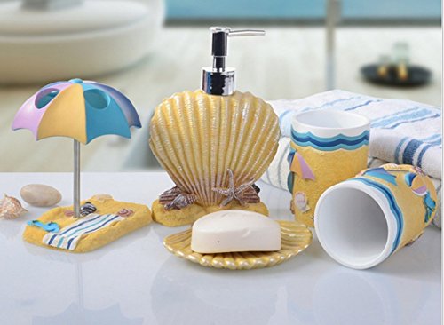 Yiyida Creative Resin Bathroom Set 5pcs in Sea Beach Style Tumbler Soap Dish Soap Dispenser Toothbrush Holder