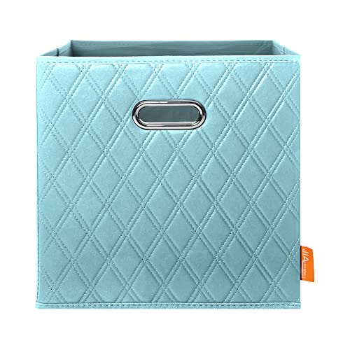 JIAessentials Large 13-inch Blue Foldable Diamond Patterned Faux Leather Storage Cube Bins Set of Four with Handles with Dual Handles for living room, bedroom and office storage