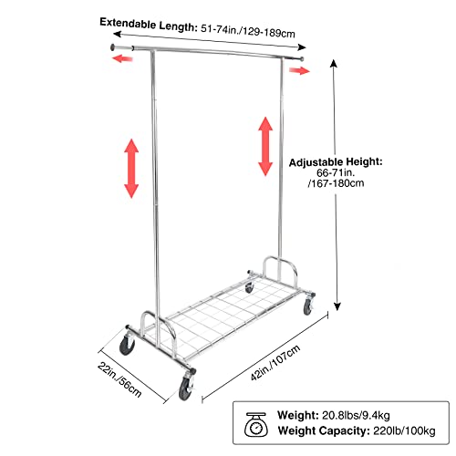 ALBOMI Adjustable Commercial Clothes Rack Heavy Duty On Lockable Wheels, Large Portable Clothing Rack For Hanging Clothes, Rolling Garment Racks With 1 Rod & Shelf For Entryway Bedroom Balcony