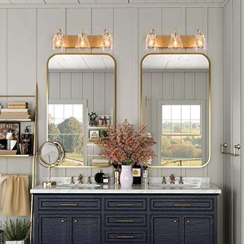 KSANA 3-Light Modern Vanity Light Fixture, Brass Bathroom Lighting with Clear Glass Shades, 22β L