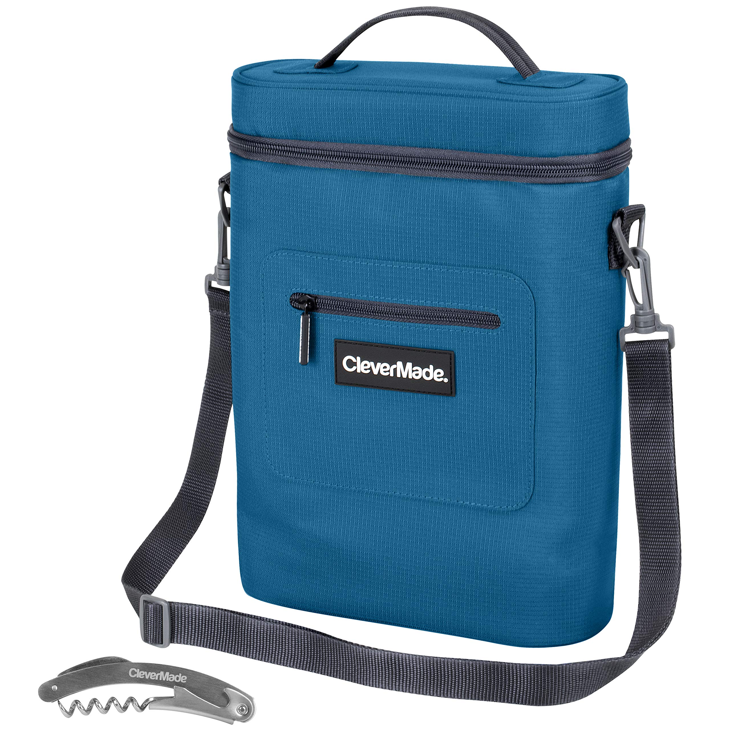 CleverMade Wine Bottle and 6 Pack Cooler Bag; Insulated Leakproof Tote with Removable Ice Pack and Corkscrew Bottle Opener, Teal
