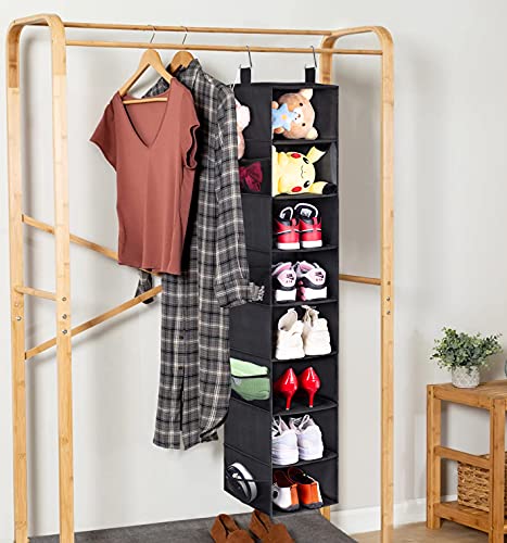 AOODA 8-Shelf Hanging Shoe Rack for Closet Organizer with 8 Mesh Side Pockets Wide Hanging Shoe Storage Holder For Hat, Clothes, Handbag, Black