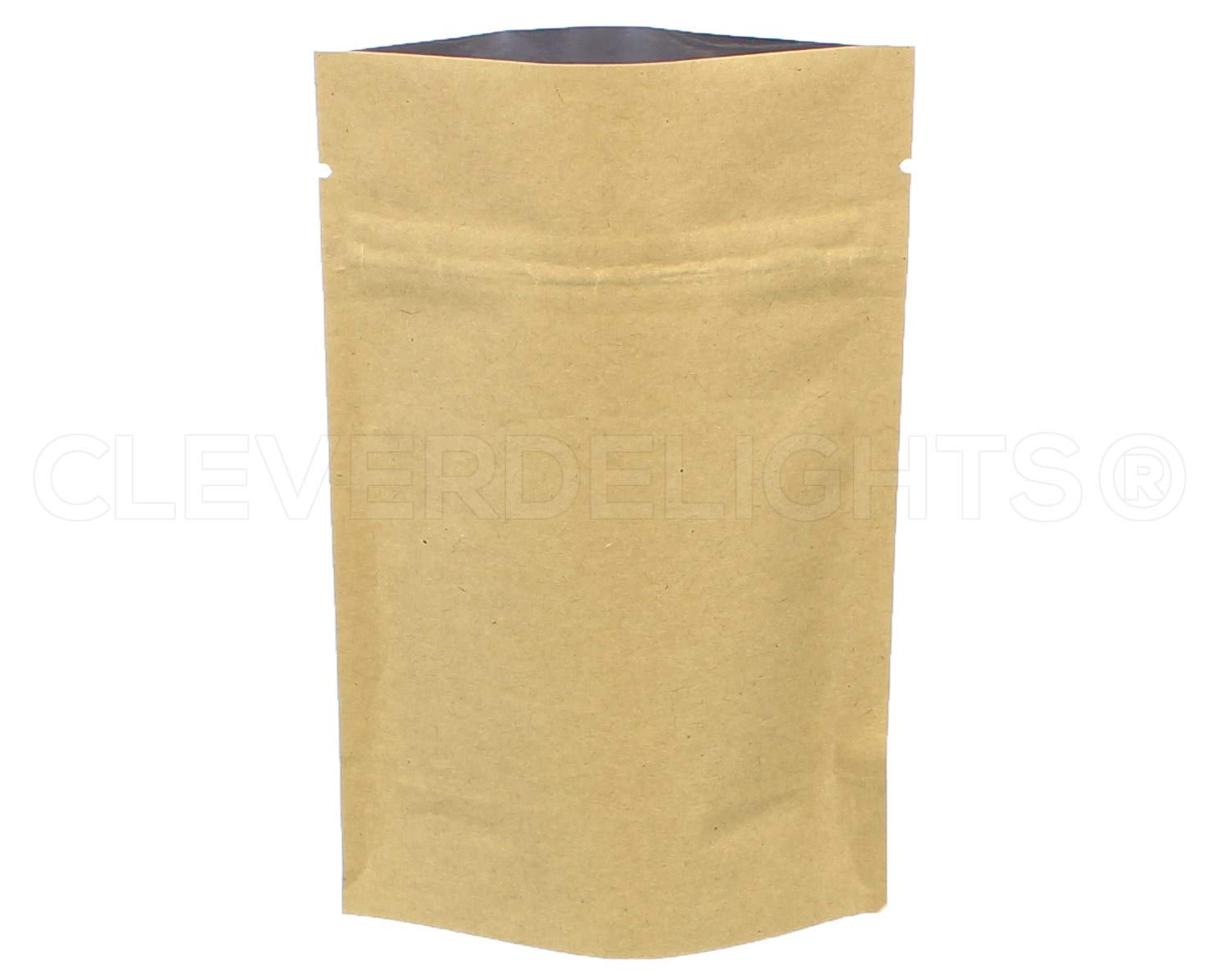 CleverDelights Kraft Stand Up Pouches - 2oz - 50 Pack - 4" x 6" x 2" - Resealable Bag