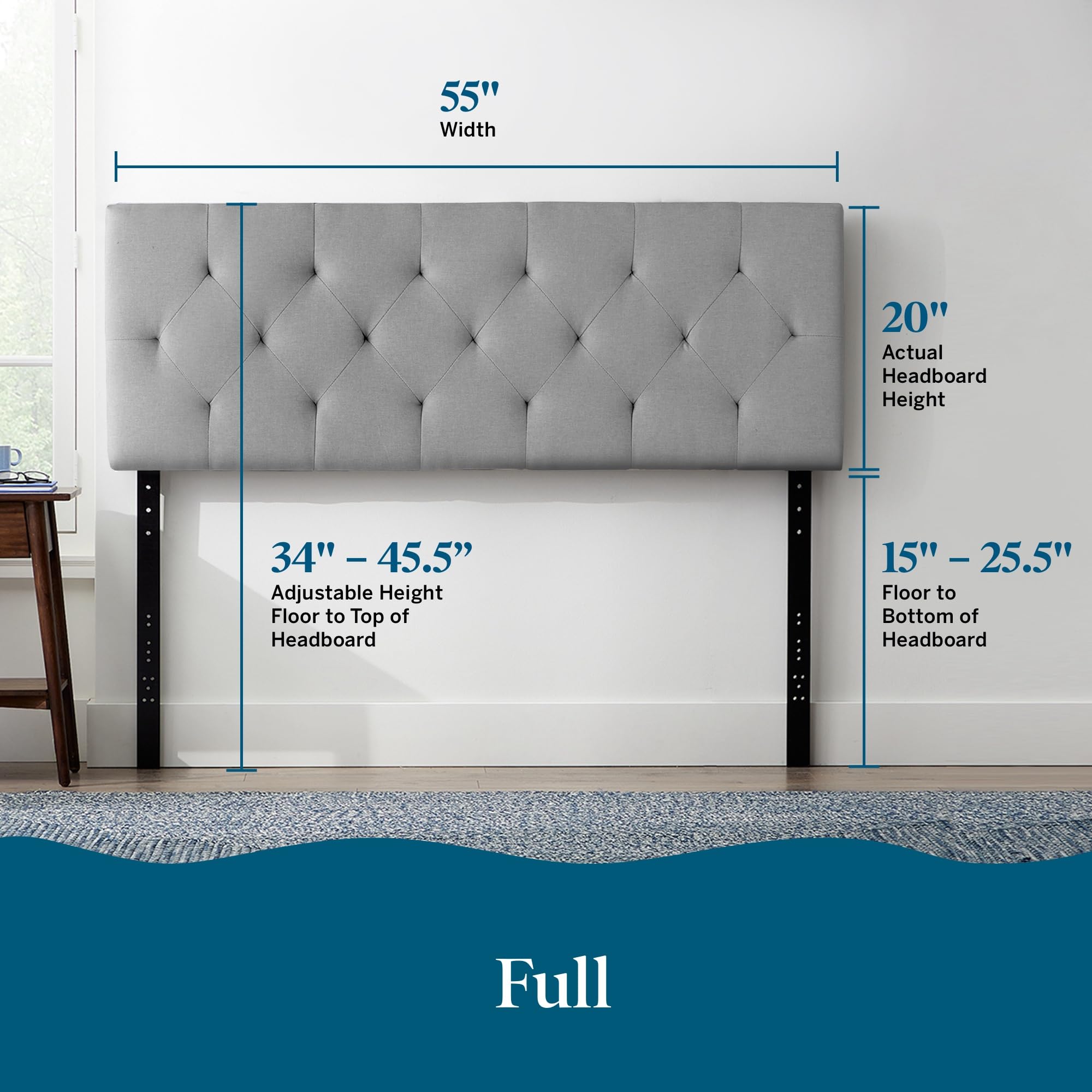 LUCID Mid-Rise Upholstered Headboard - Diamond Tufted - Padded Polyester - Adjustable Height from 34” to 46” - Easy Assembly - Bed Frame or Wall Mount - Sturdy - Stone - Full / Full XL Size