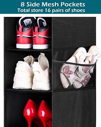 AOODA 8-Shelf Hanging Shoe Rack for Closet Organizer with 8 Mesh Side Pockets Wide Hanging Shoe Storage Holder For Hat, Clothes, Handbag, Black