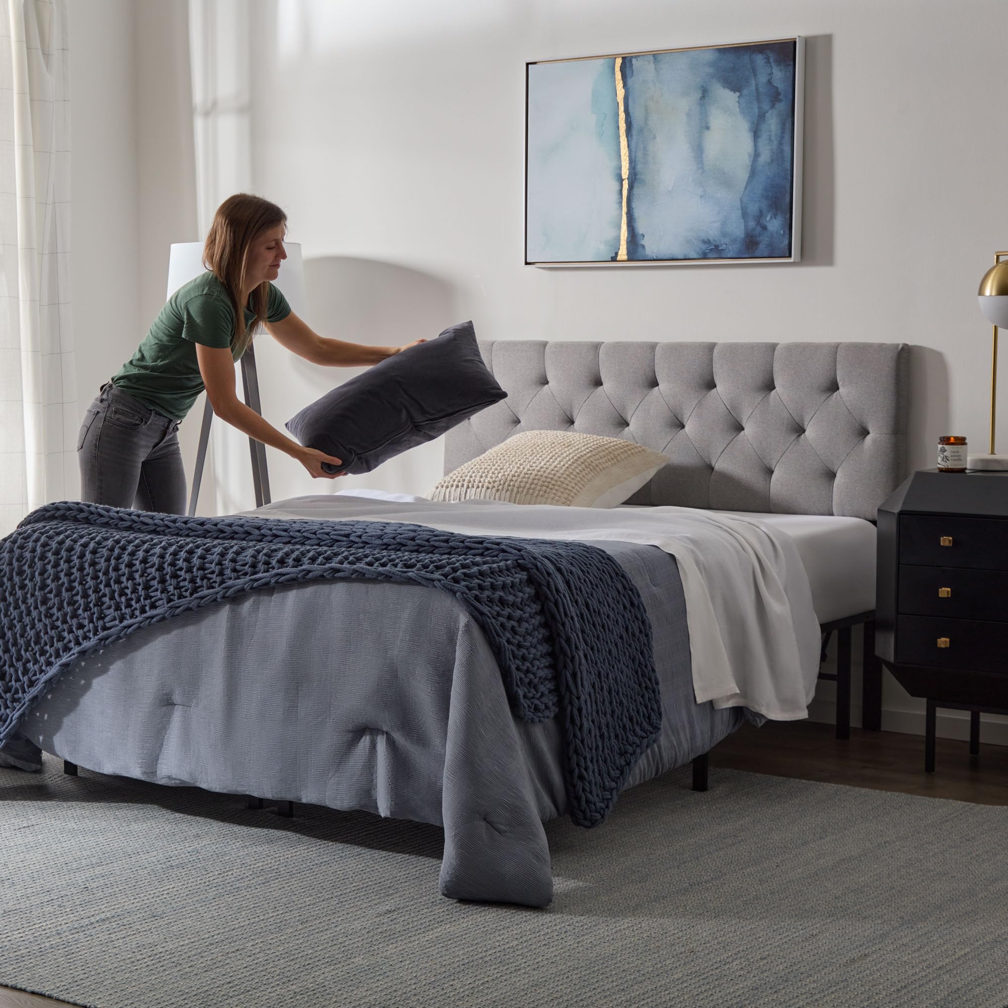 LUCID Mid-Rise Upholstered Headboard - Diamond Tufted - Padded Polyester - Adjustable Height from 34” to 46” - Easy Assembly - Bed Frame or Wall Mount - Sturdy - Stone - Full / Full XL Size