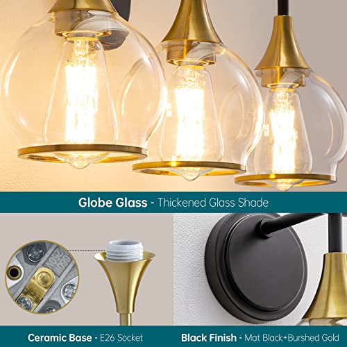 HAHZT Black and Gold Bathroom Vanity Light 3-Lights Bathroom Light Fixtures Over Mirror with Clear Glass Shade 22.4 inch Wall Sconce Lighting Bath(Exclude E26 Bulb)