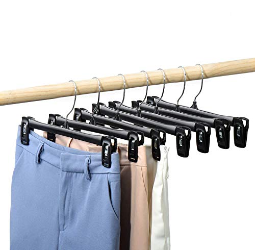 HOUSE DAY Pants Hangers 100 Pcs 12inch Black Plastic Skirt Hangers with Non-Slip Big Clips and 360 Swivel Hook, Durable Sturdy Plastic, Space-Saving Shape, Elegant for Closet Organizing