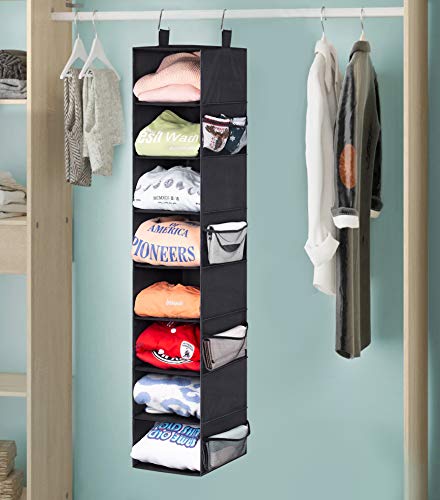AOODA 8-Shelf Hanging Shoe Rack for Closet Organizer with 8 Mesh Side Pockets Wide Hanging Shoe Storage Holder For Hat, Clothes, Handbag, Black