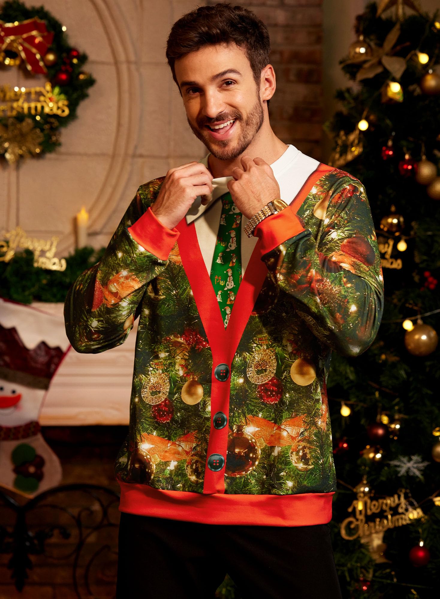 Arvilhill Christmas Men's Ugly Holiday Party Sweatshirt Tie Printed Light Bulb Long Sleeve Sweater Xmas Bells 2XL