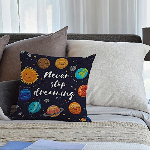 HGOD DESIGNS Outer Space Pillow Case, Cute Planets and Star Cluster Solar System Moon and Comets Sun Cosmos Cotton Linen Cushion Cover Square Standard Home Decorative Throw Pillow 18x18 inch Darkblue