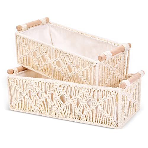 Macrame Storage Basket Boho Decor Baskets，Organizing Woven Decorative Basket，Handmade Countertop Toilet Tank Shelf Cabinet Organizer for Bathroom Decor Bedroom Nursery Livingroom Entryway（Set of 2）