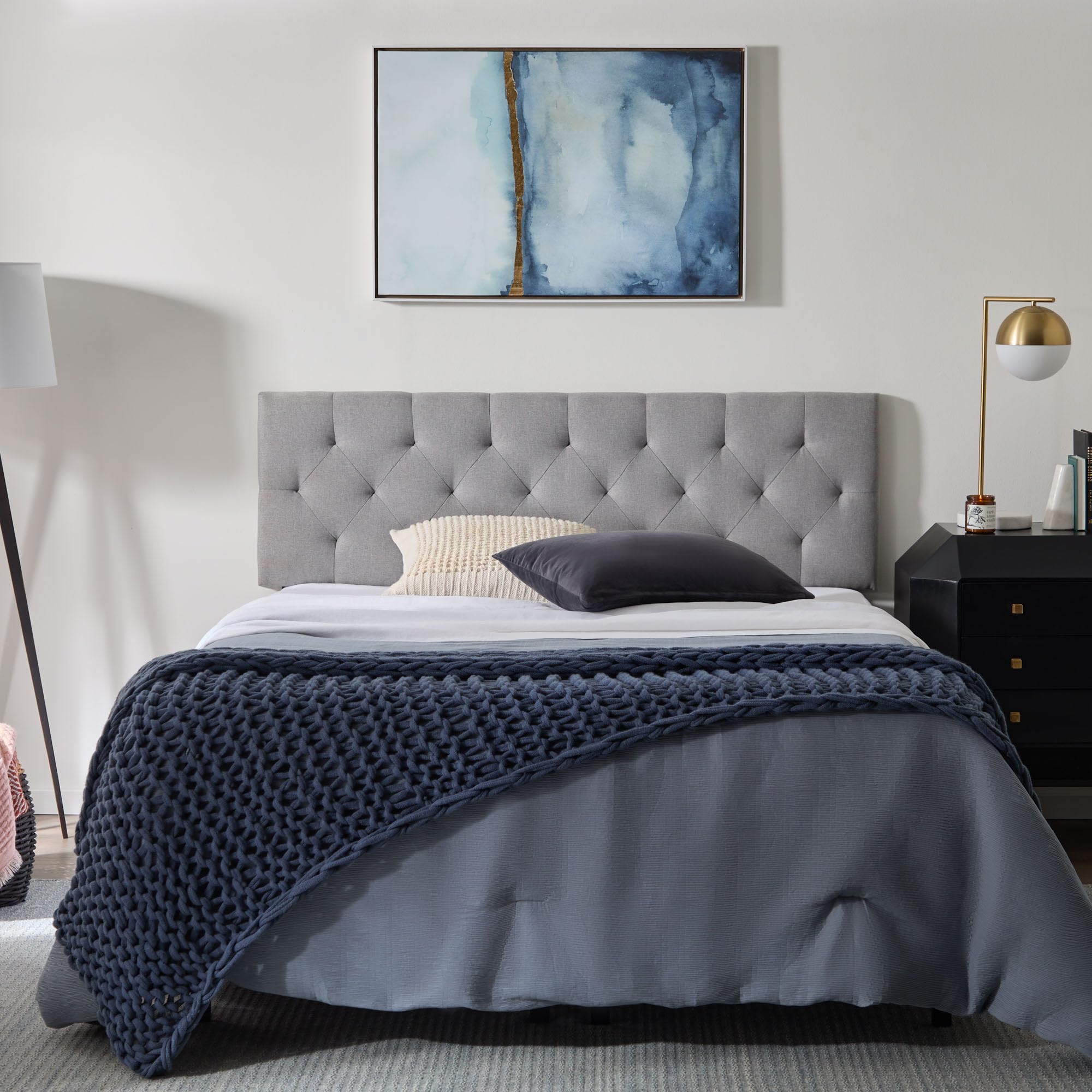 LUCID Mid-Rise Upholstered Headboard - Diamond Tufted - Padded Polyester - Adjustable Height from 34” to 46” - Easy Assembly - Bed Frame or Wall Mount - Sturdy - Stone - Full / Full XL Size