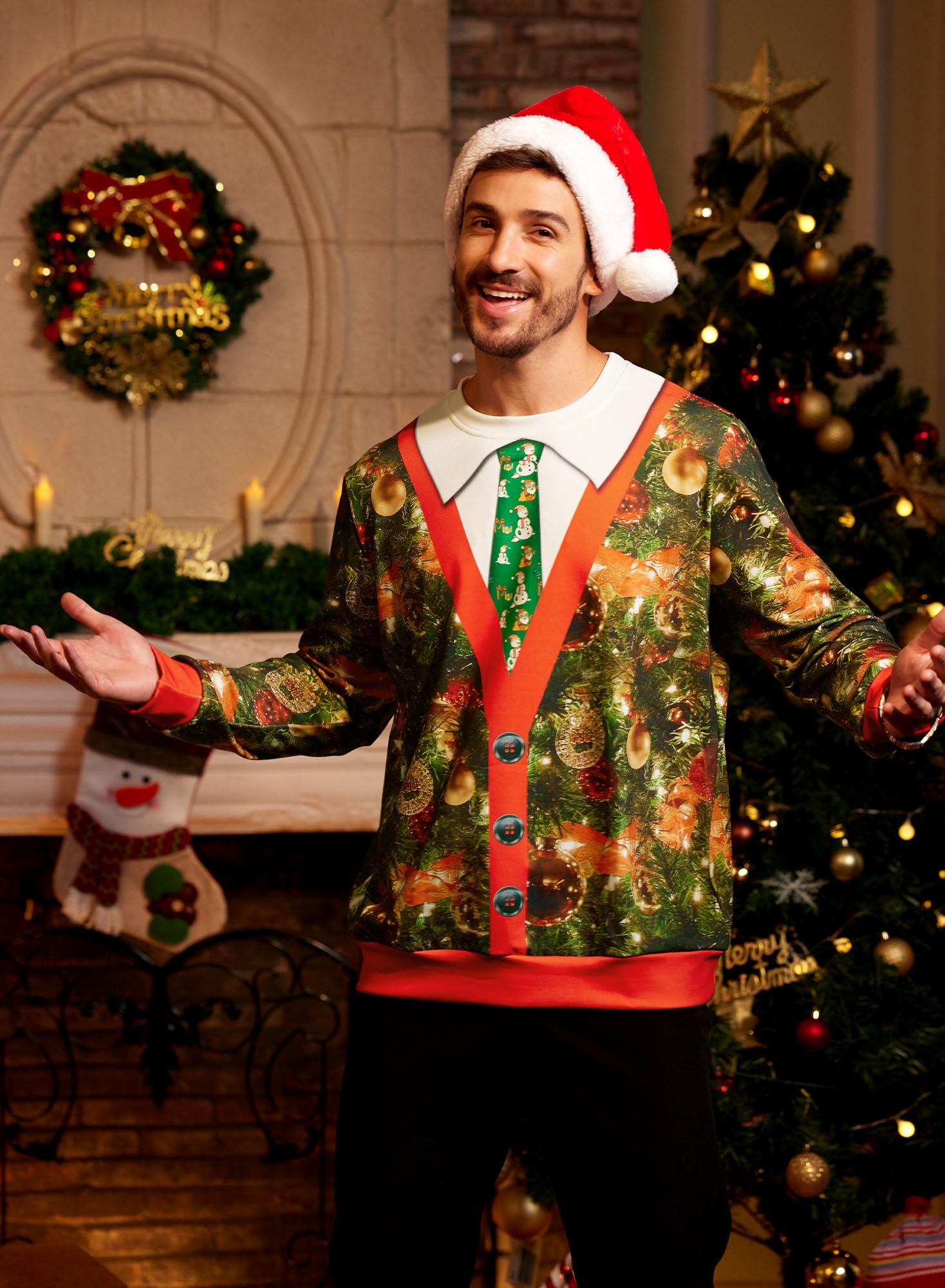 Arvilhill Christmas Men's Ugly Holiday Party Sweatshirt Tie Printed Light Bulb Long Sleeve Sweater Xmas Bells 2XL