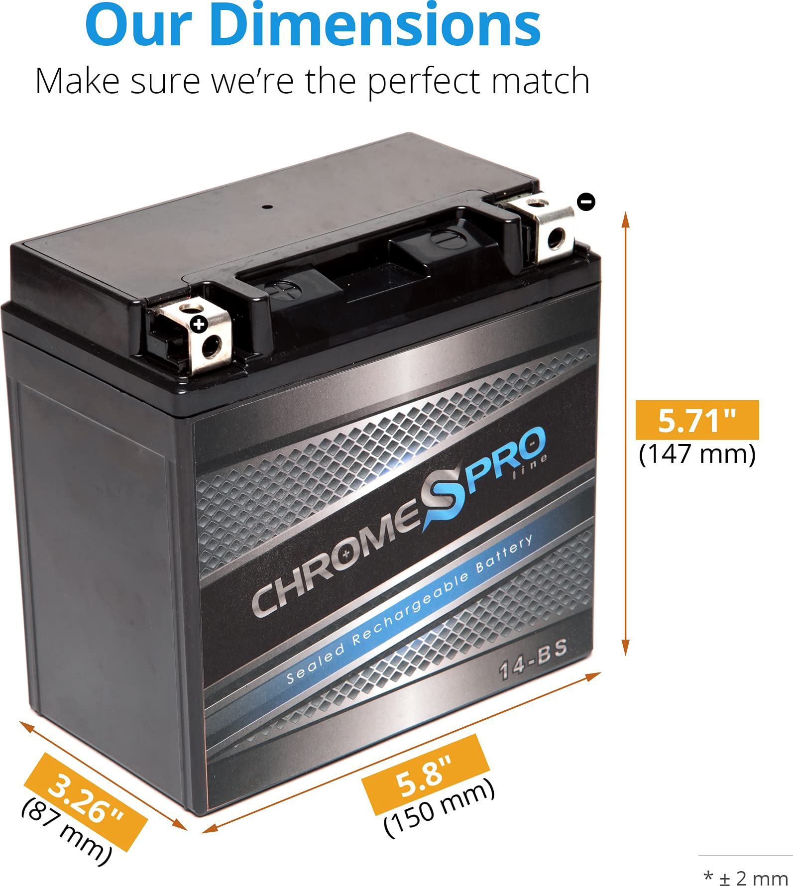 Chrome S Pro YTX14-BS Maintenance-Free 12V 14Ah Battery Replacement for ATV, Motorcycle, Jet Skis, Scooter, UTV, and More - Nut and Bolt (T3) Terminal