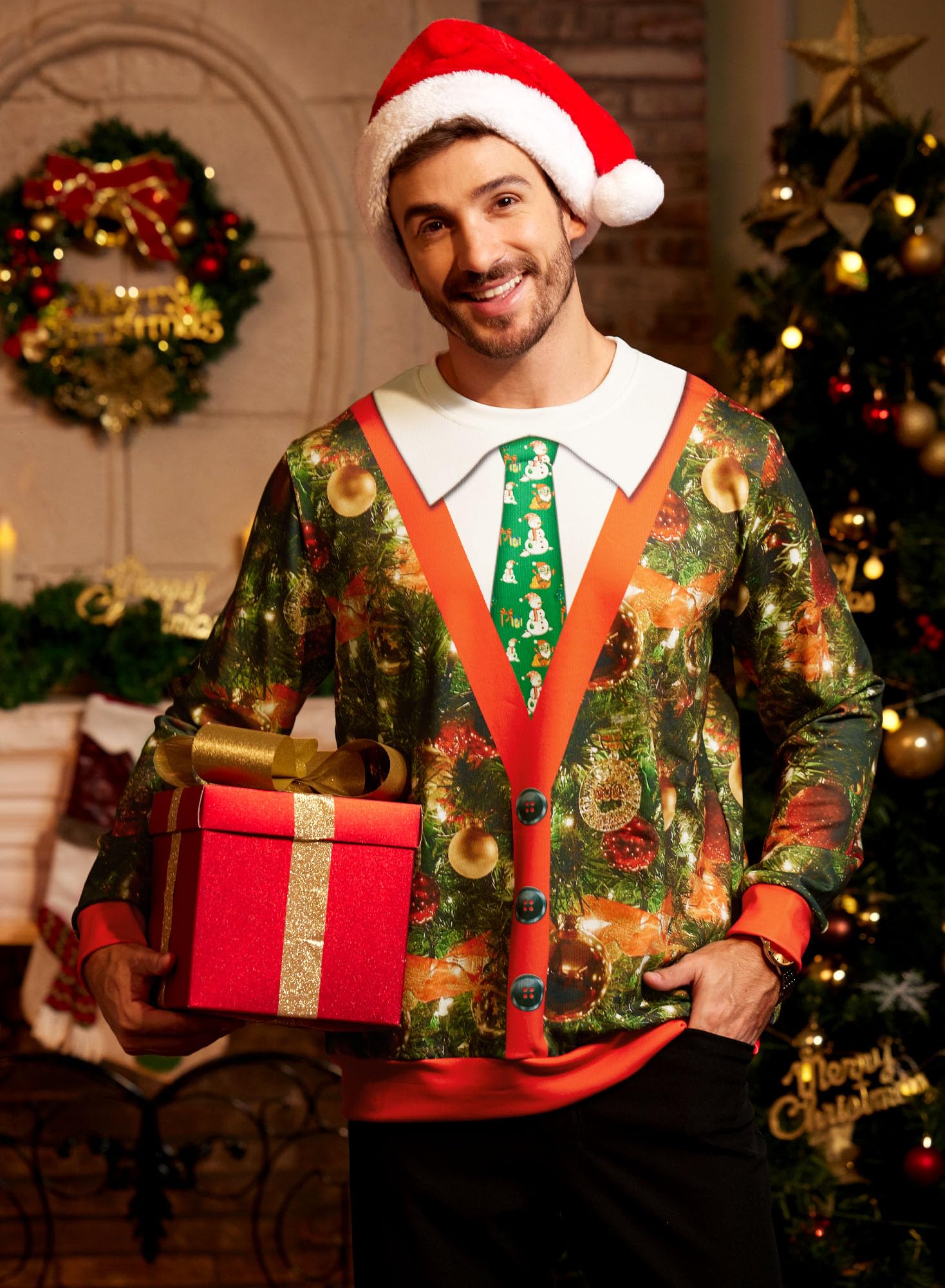 Arvilhill Christmas Men's Ugly Holiday Party Sweatshirt Tie Printed Light Bulb Long Sleeve Sweater Xmas Bells 2XL