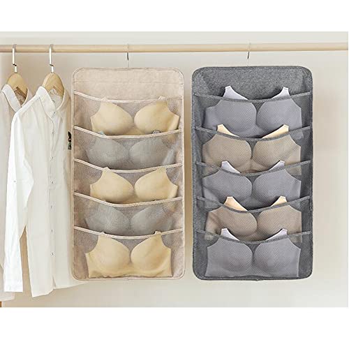 TuuTyss Dual-Sided Hanging Mesh Pockets Closet Organizer for Underwear,Bra,Socks,Accessories with Hanger,10 Large Pockets-Grey