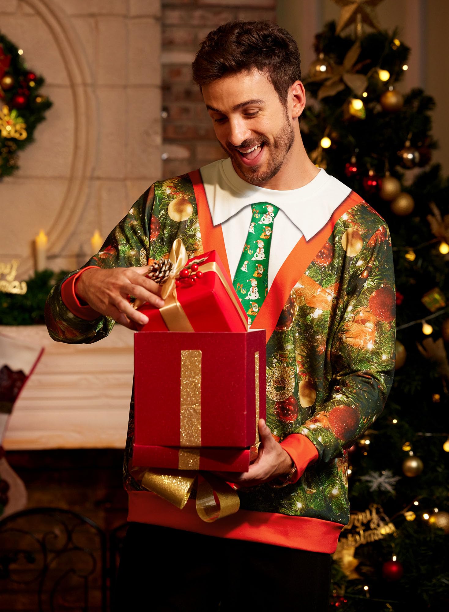Arvilhill Christmas Men's Ugly Holiday Party Sweatshirt Tie Printed Light Bulb Long Sleeve Sweater Xmas Bells 2XL