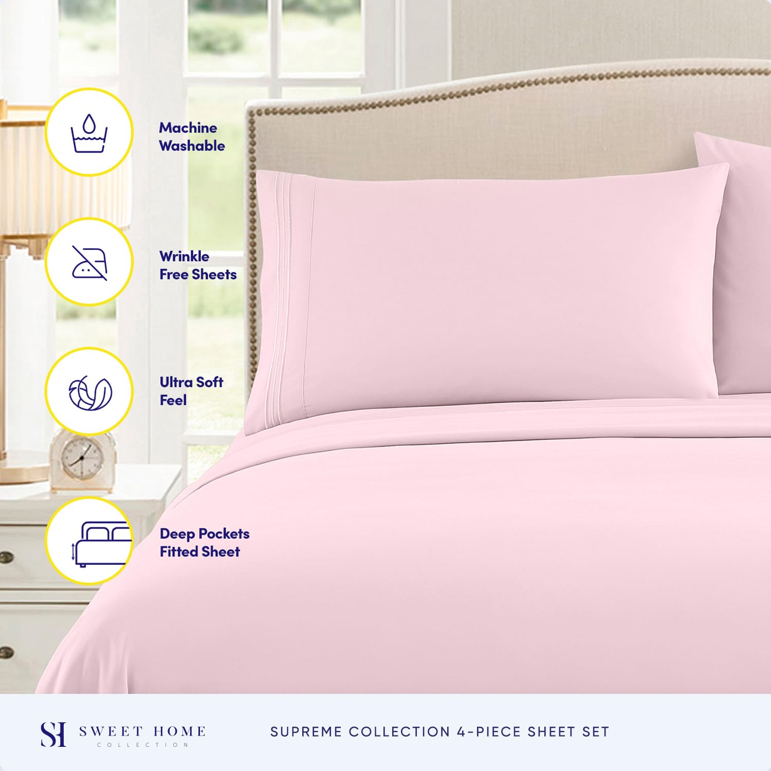 1800 Thread Count Sheet Set – Soft Egyptian Quality Brushed Microfiber Sheets – Luxury Bedding Set with Flat Sheet, Fitted Sheet, Pillow Cases, Full, Pale Pink, Sheet Set