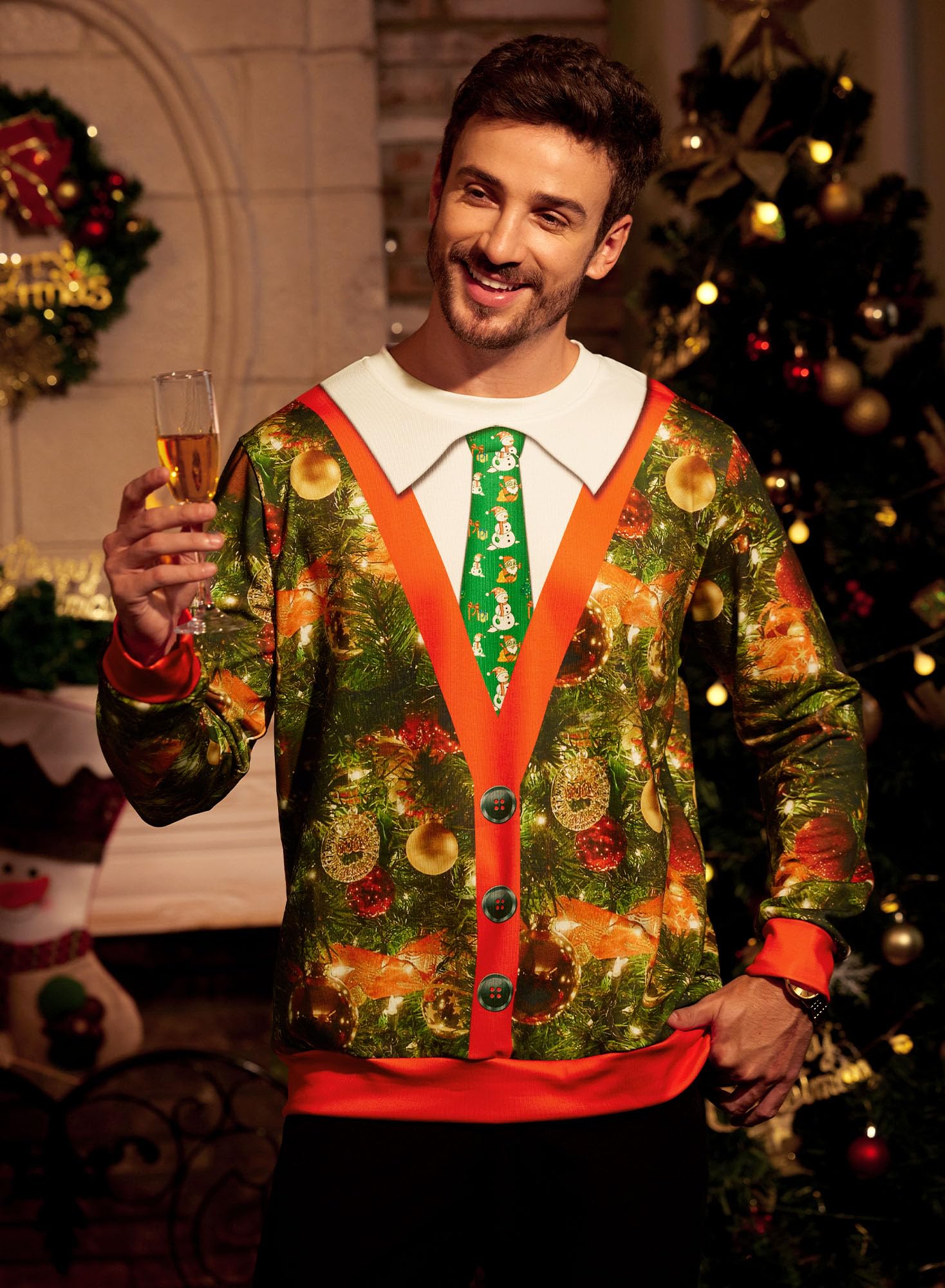 Arvilhill Christmas Men's Ugly Holiday Party Sweatshirt Tie Printed Light Bulb Long Sleeve Sweater Xmas Bells 2XL