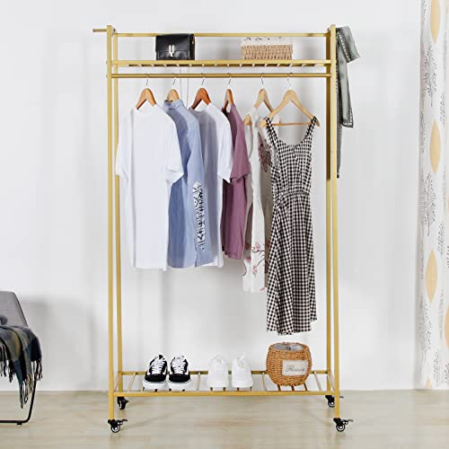 RZGY Clothes Rack Portable Extra Garment Rack with Wheels & Shelves, Metal Rolling Clothing Rack for Hanging Clothes, Sturdy Organizer for Clothes, Gold