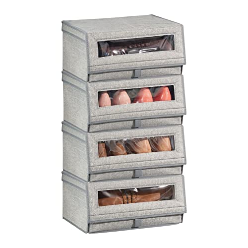 mDesign Large Fabric Closet Shoe Storage Box w/Clear Window - Shoe, Sandal, Sweater, Linen, Clothes Organizer - Boot Storage Solutions - Shoe Bin - Lido Collection, 4 Pack, Gray