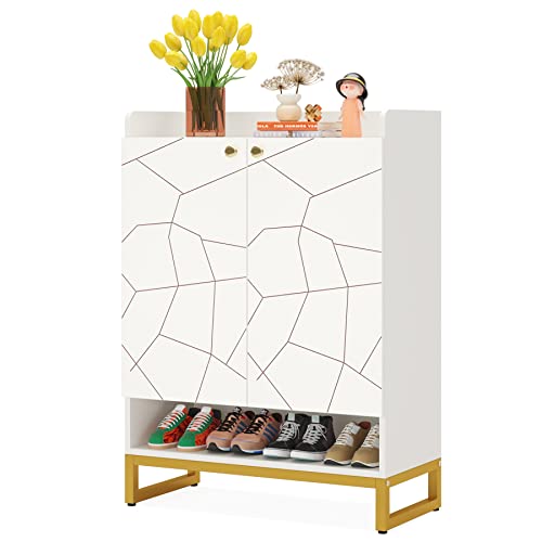 LITTLE TREE White and Gold 5-Tier Shoe Cabinet with Storage, 2-Door Shoes Organizer Cabinets for Entryway