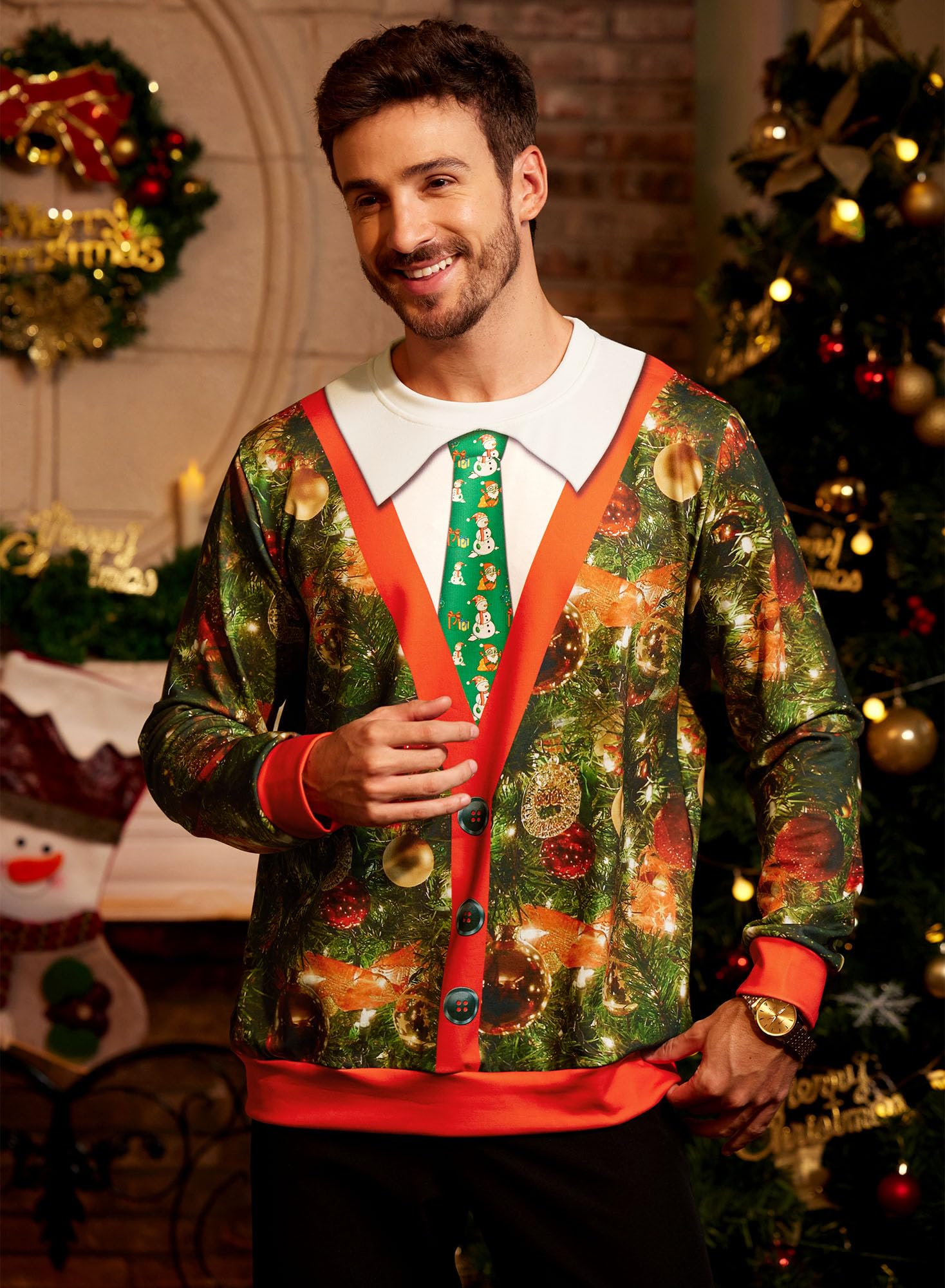 Arvilhill Christmas Men's Ugly Holiday Party Sweatshirt Tie Printed Light Bulb Long Sleeve Sweater Xmas Bells 2XL