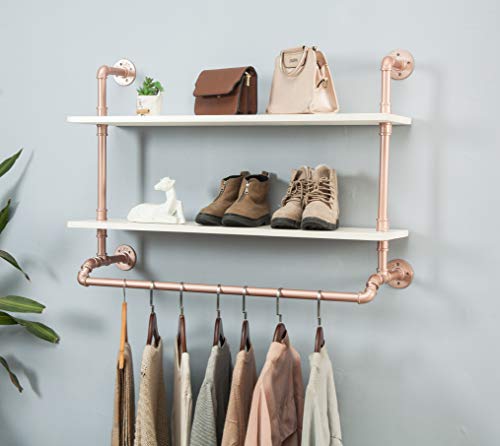 FOF FRIEND OF FAMILY Industrial Pipe Garment Rack with Double Tier shelves, Wall Mounted Clothes Rod for Clothing Storage, Rose Gold&White Color, 40" Wide