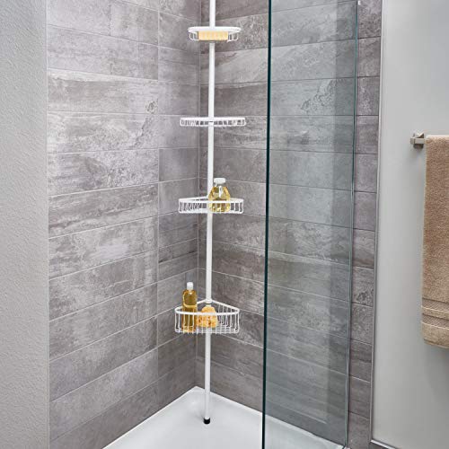 iDesign York Steel Tension 4-Shelf Extendable Corner Storage Caddy - 8" x 11" x 108", Pearl White