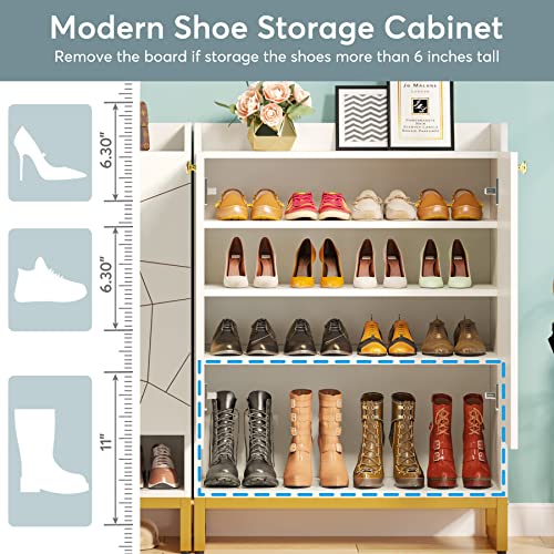 LITTLE TREE White and Gold 5-Tier Shoe Cabinet with Storage, 2-Door Shoes Organizer Cabinets for Entryway