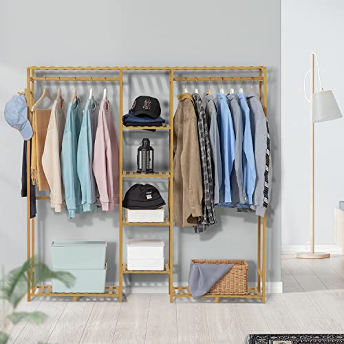 MoNiBloom Bamboo Clothes Rack with Double Rods and Storage Shelves Free Standing Open Wardrobe Rack for Hanging Clothes and Storage for Bedroom Living Room, Natural