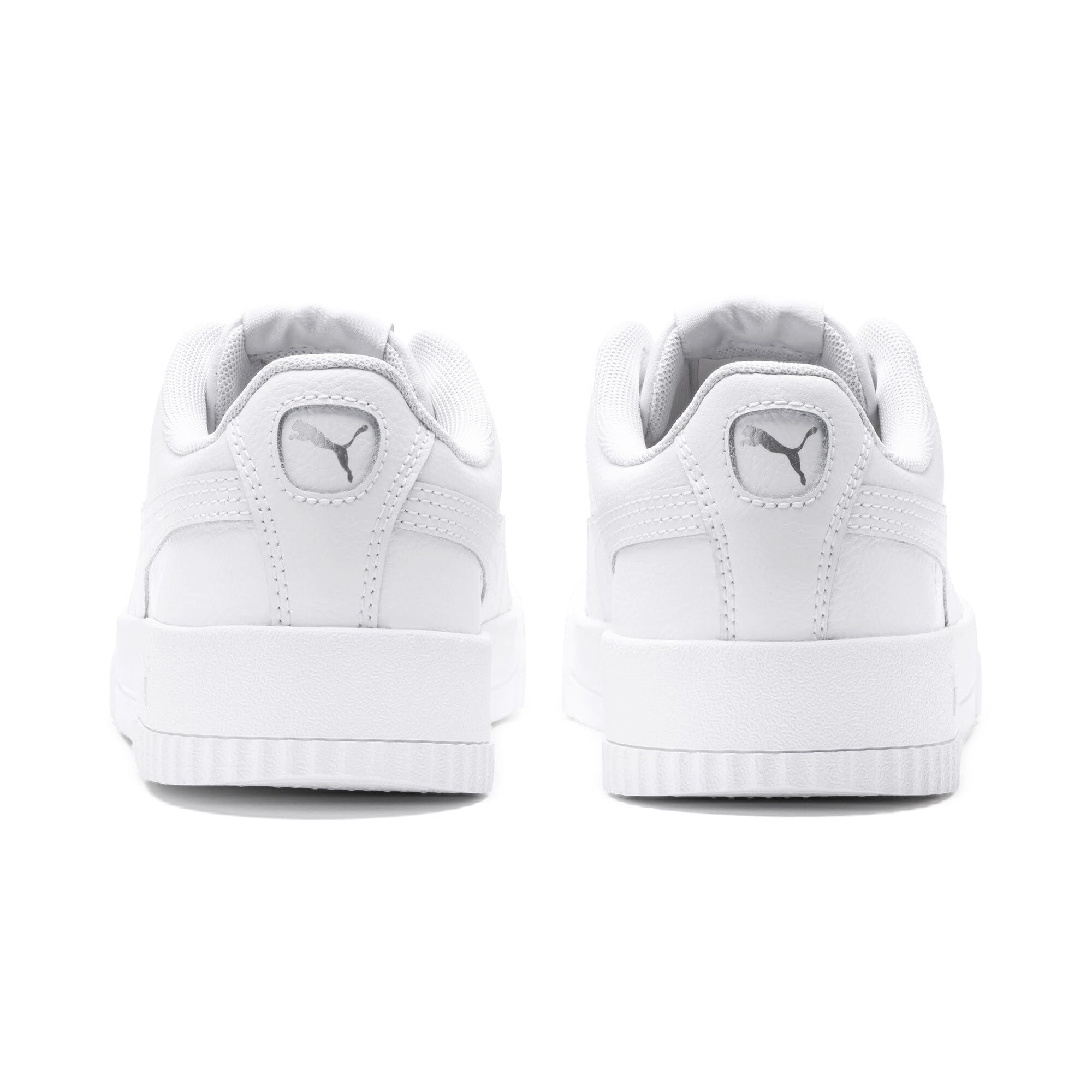 PUMA Womens Carina Leather Sneaker, PUMA Womens White-PUMA Womens White-PUMA Womens Silver, 9.5