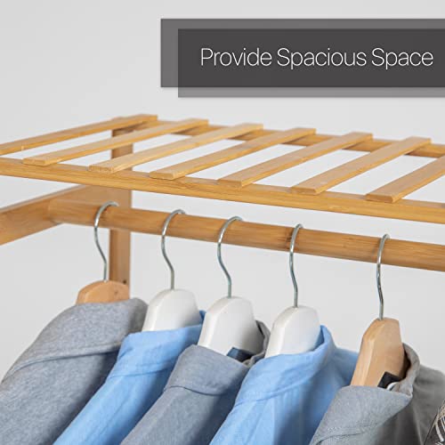 MoNiBloom Bamboo Clothes Rack with Double Rods and Storage Shelves Free Standing Open Wardrobe Rack for Hanging Clothes and Storage for Bedroom Living Room, Natural
