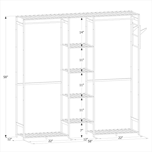 MoNiBloom Bamboo Clothes Rack with Double Rods and Storage Shelves Free Standing Open Wardrobe Rack for Hanging Clothes and Storage for Bedroom Living Room, Natural