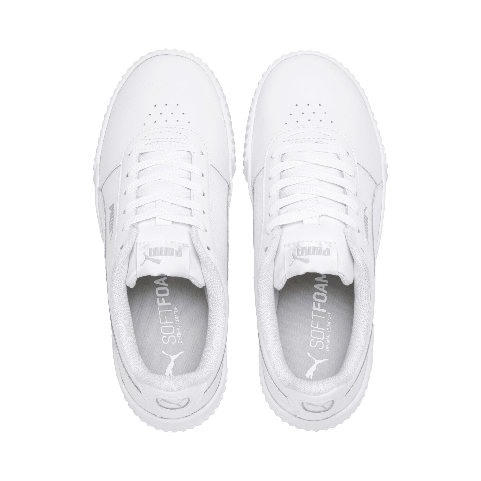 PUMA Womens Carina Leather Sneaker, PUMA Womens White-PUMA Womens White-PUMA Womens Silver, 9.5