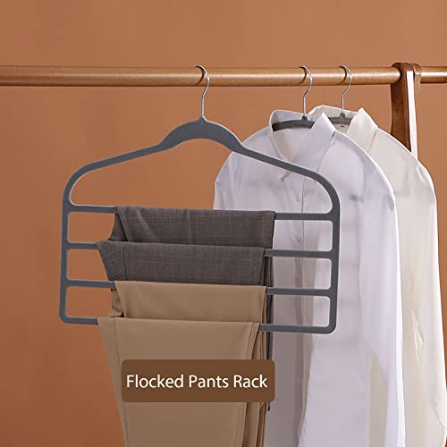DCQRY 5Pcs Velvet Pants Hangers Space Saving 4 Tier Non Slip Jeans Hangers Multi Layer Clothes Hangers Closet Pants Organizer for Pants Jeans Trousers Scarf